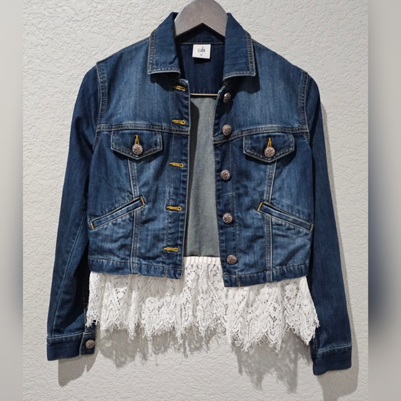 CAbi | Jackets & Coats | Cabi Dakota Lace Trimmed Cropped Denim Jacket ...